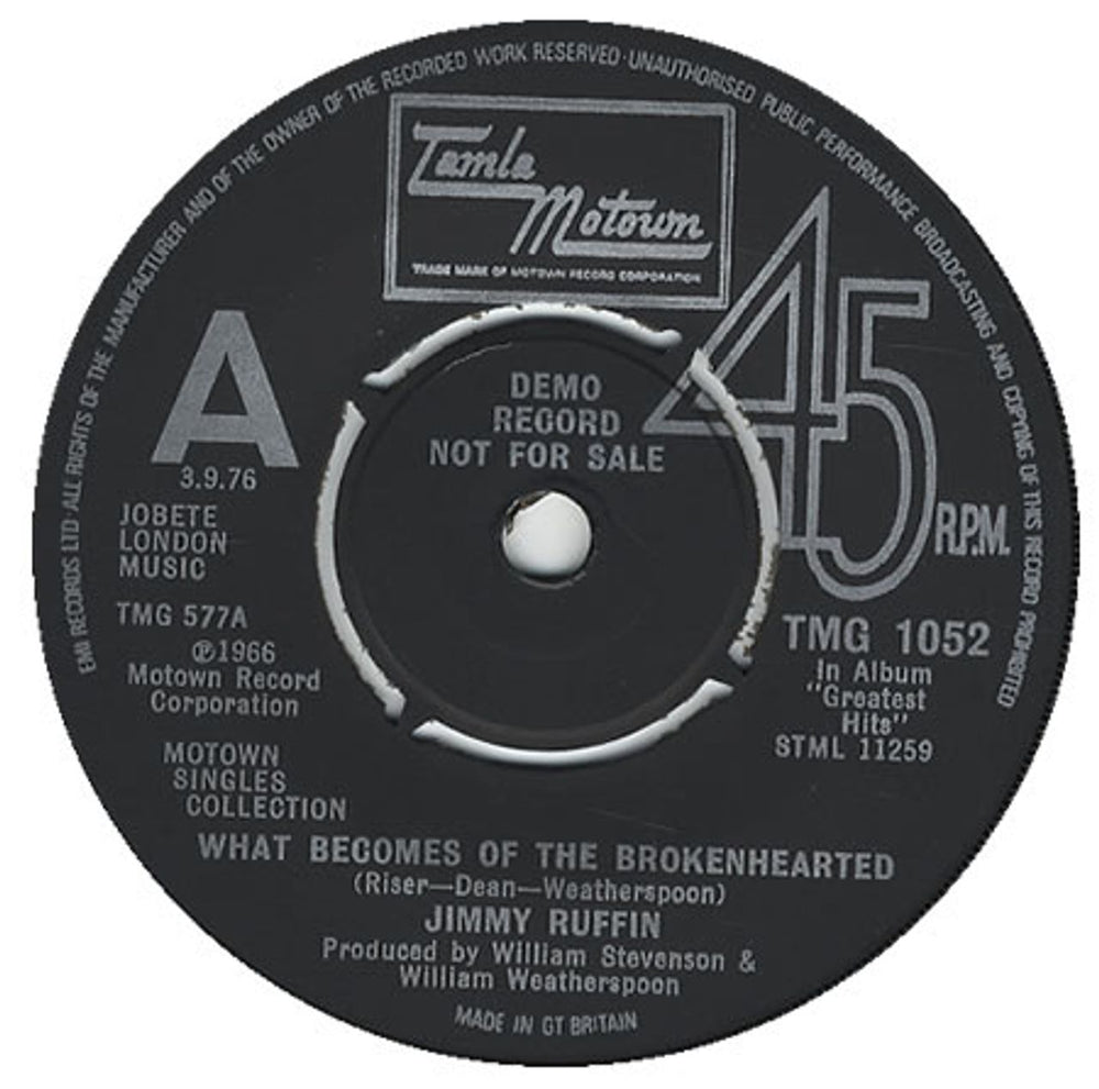 Jimmy Ruffin What Becomes Of The Brokenhearted UK Promo 7" vinyl — RareVinyl.com