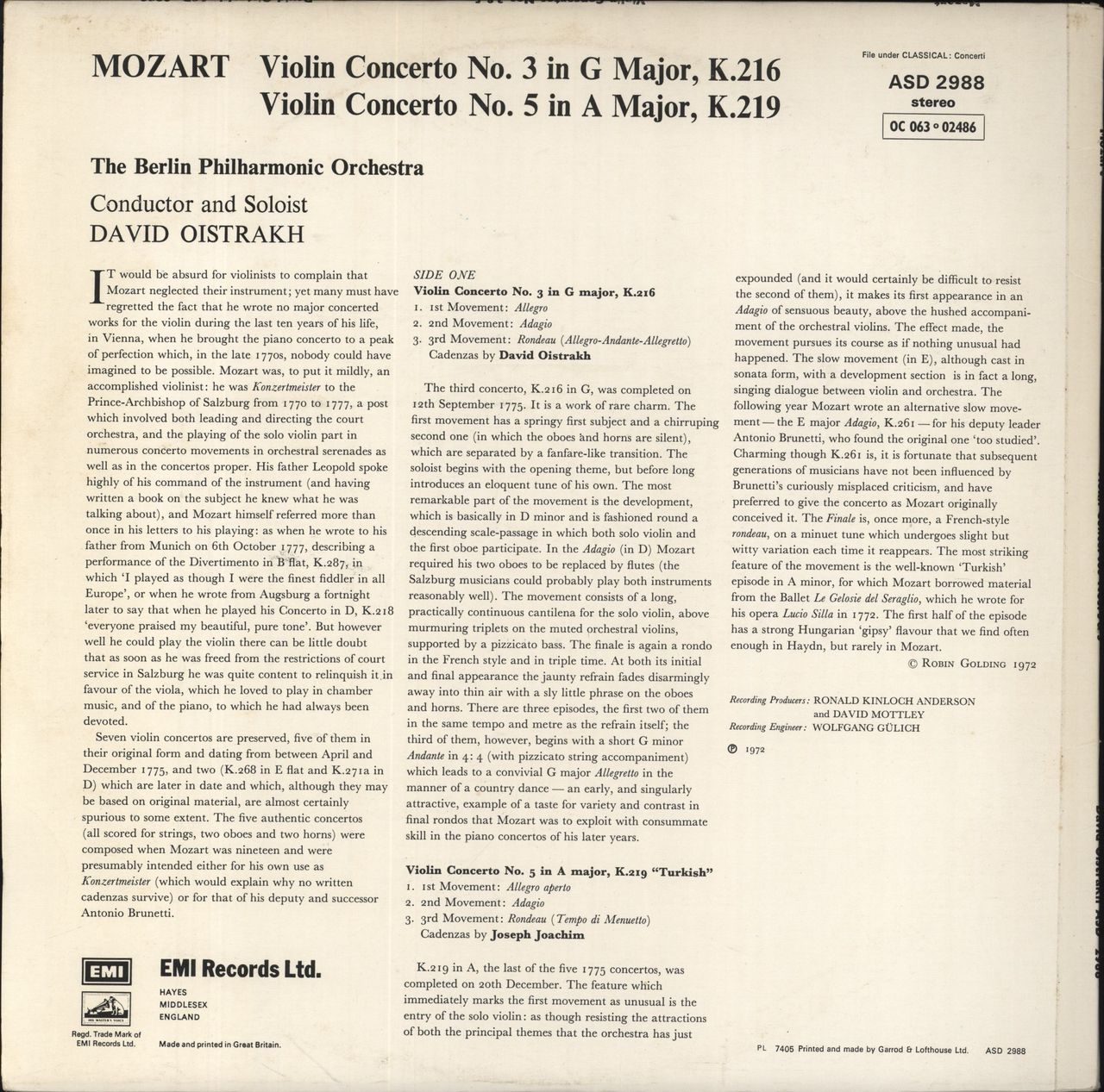 Wolfgang Amadeus Mozart Mozart: Violin Concertos No. 3 & 5 UK Vinyl LP — RareVinyl.com